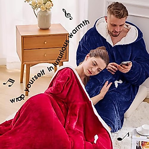 JOYWOO Wearable Blanket Hoodie, Oversized Hooded Blanket for Adult, Birthday Gifts for Women Men, Cozy Fuzzy Sherpa Sweatshirt Blanket with Giant Pocket and Zipper, Navy Blue