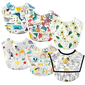 2ooya 6 Pcs Baby Feeding Bibs Toddler Waterproof Bib Set with Crumb Catcher Pocket Infant Adjustable Baby Teething Bib Babies Food Bibs Keepsake Gift for Baby Shower Christmas New Year, 6-12 Months