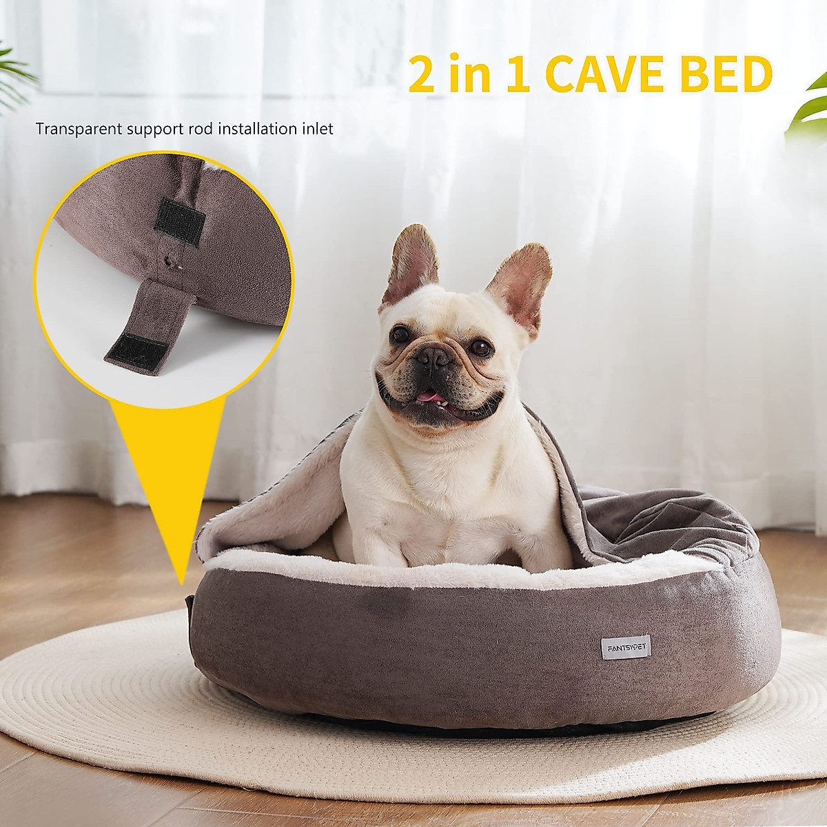 FANTSYPET Dog Bed & Cat Beds, Warming Soft Dog Beds with Blanket Attached, Dog Bed for Small and Medium Dogs, Cozy Donut Dog Bed Plush Hooded Calming Cuddler, Calming Cave Dog Bed, Camel, (23 x 23 in)