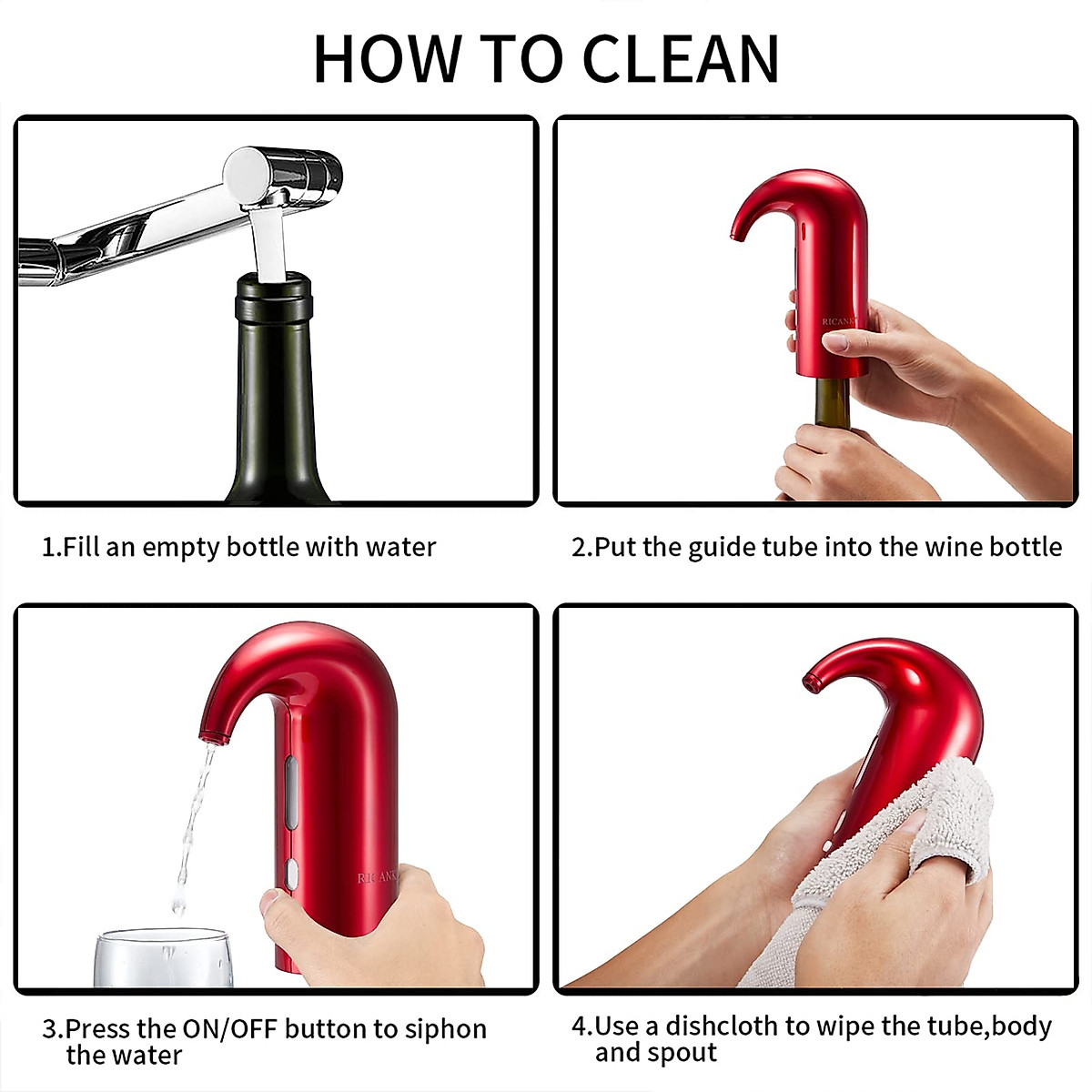 RICANK Electric Wine Aerator, Electric Wine Pourer and Wine Dispenser Pump for Red and White Wine Portable One-Touch Wine Decanter Multi-Smart Automatic Wine Oxidizer Rechargeable Spout Pourer Black