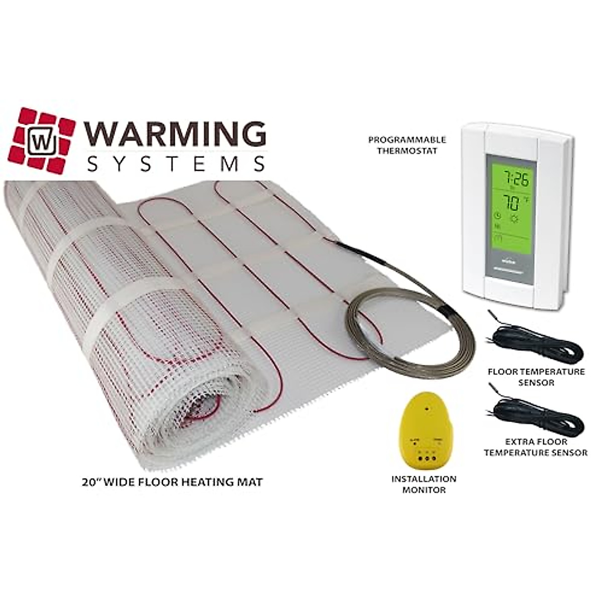30 Sqft Mat, Electric Radiant Floor Heating System with Digital Floor Sensing Thermostat, Includes 2 Floor Temperature Sensors and Installation Monitor, Heated Floor System, Radiant Floor Heating Mat