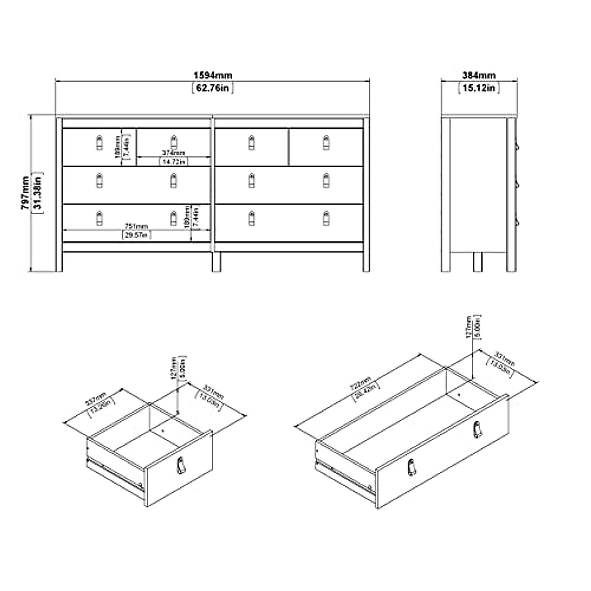 Tvilum 8 Drawer Double Dresser, White