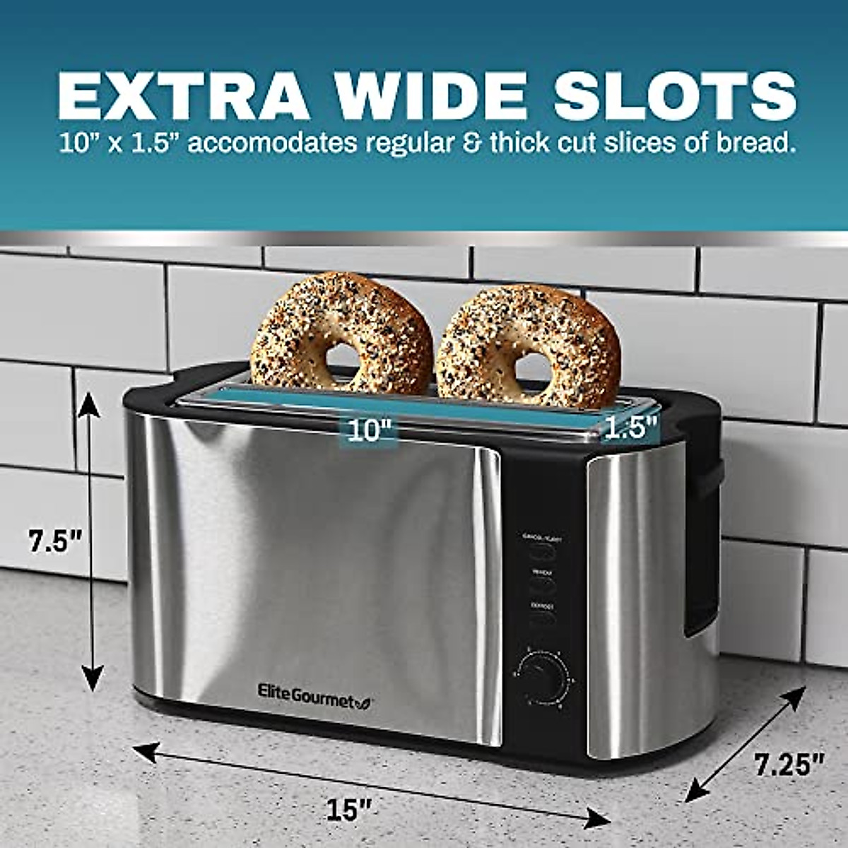 Elite Gourmet ECT-3100## Long Slot 4 Slice Toaster, Reheat, 6 Toast Settings, Defrost, Cancel Functions, Built-in Warming Rack, Extra Wide Slots for Bagels Waffles, Stainless Steel & Black