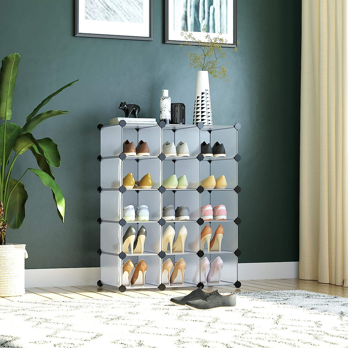 C&AHOME Plastic Shoe Rack,16-Cube Modular Shoes Storage Stand, Multifunction Closet Cabinet, Stackable Shoe Organizer for Bedroom Doorway Entryway Hallway, 36" L × 14.2" W × 28" H White SRP15A