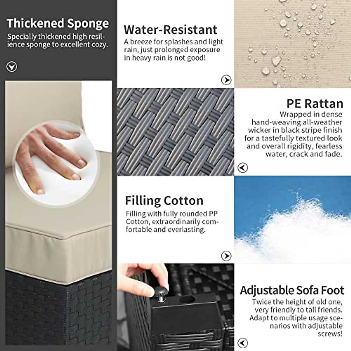 9 Pieces Outdoor Wicker Sectional Couch Patio Furniture Conversation Sofa Set with Khaki Non-Slip Cushions Furniture Cover Black PE Rattan