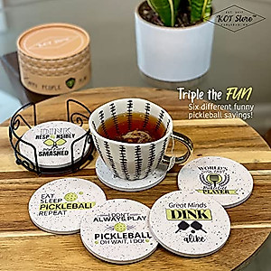 KCT Store Pickleball Gifts for Women and Men - Appreciation Gifts - Absorbent Ceramic Coasters 6pc - Metal Holder & Cylinder Kraft Gift Box Included
