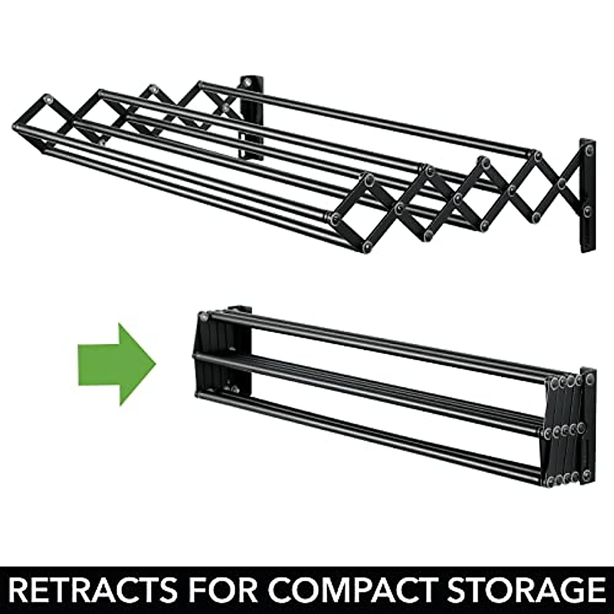 mDesign Steel Wall Mount Accordion Expandable Retractable Clothes Air Drying Rack - 8 Bars for Hanging Garments - Mounted Organizer for Laundry/Utility Room, Bathroom, Garage, Bardo Collection, Black