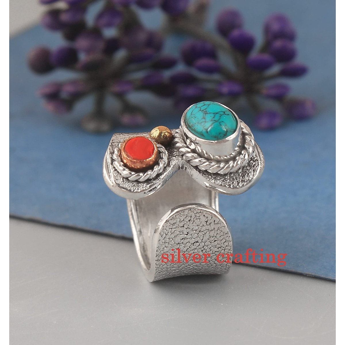 Turquoise And Coral Gemstone Ring Thumb Sterling Silver Natural Stone Ring Personalized Boho Ring (7.5)