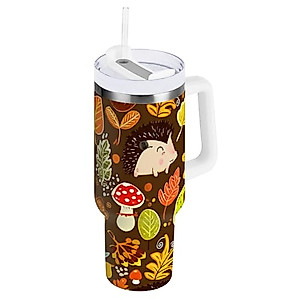 40 Oz Cute Hedgehog Autumn Insulated Water Tumbler with Handle and Straw Lid, 2 in 1 Lid Insulated Vacuum Insulated Tumbler