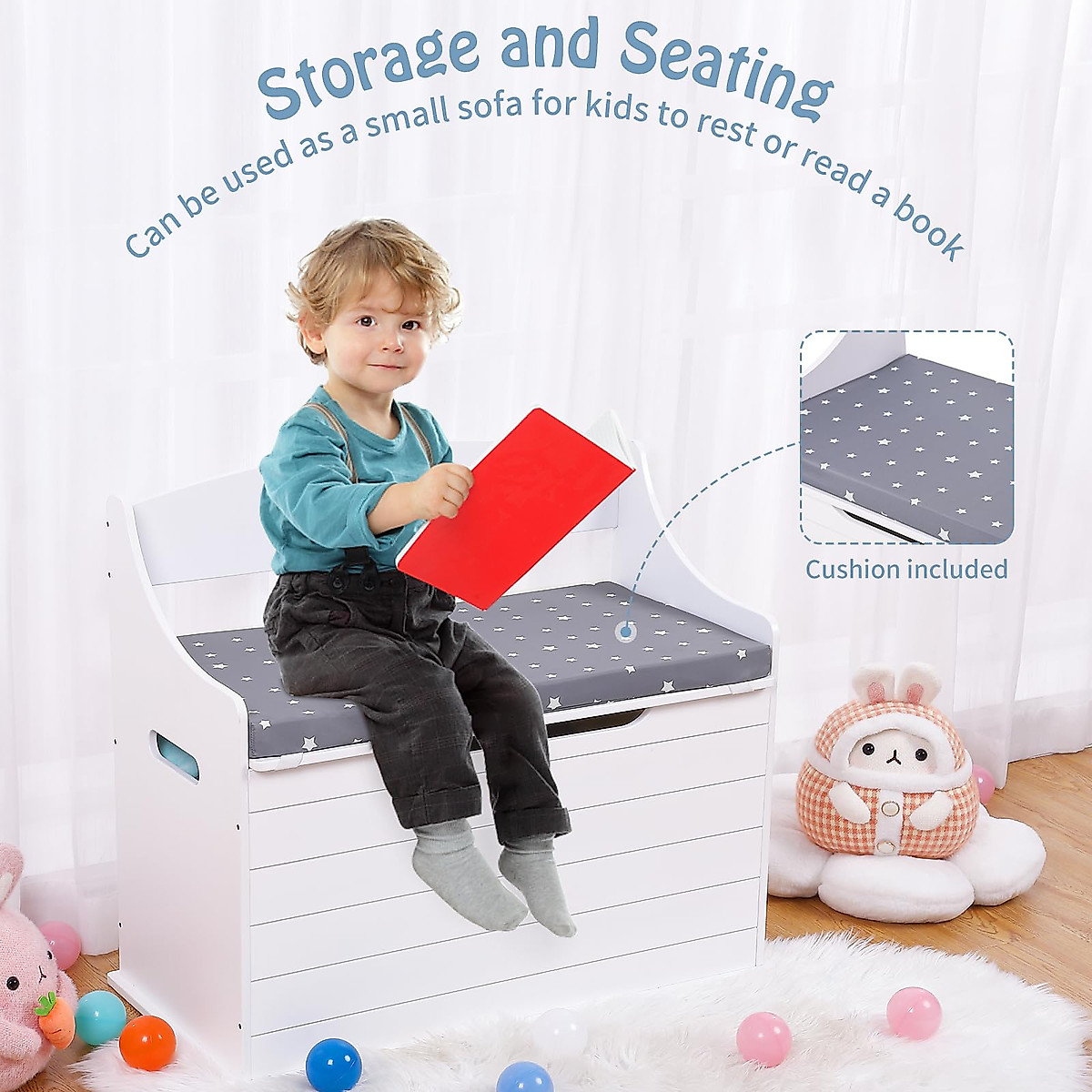 Wooden Toy Box with Seating Bench White Kids Toy Chest with Safety Hinged Lid Large Storage Cabinet with Cushion Seat Bench Toy Storage Organizer Gift for Girls and Boys