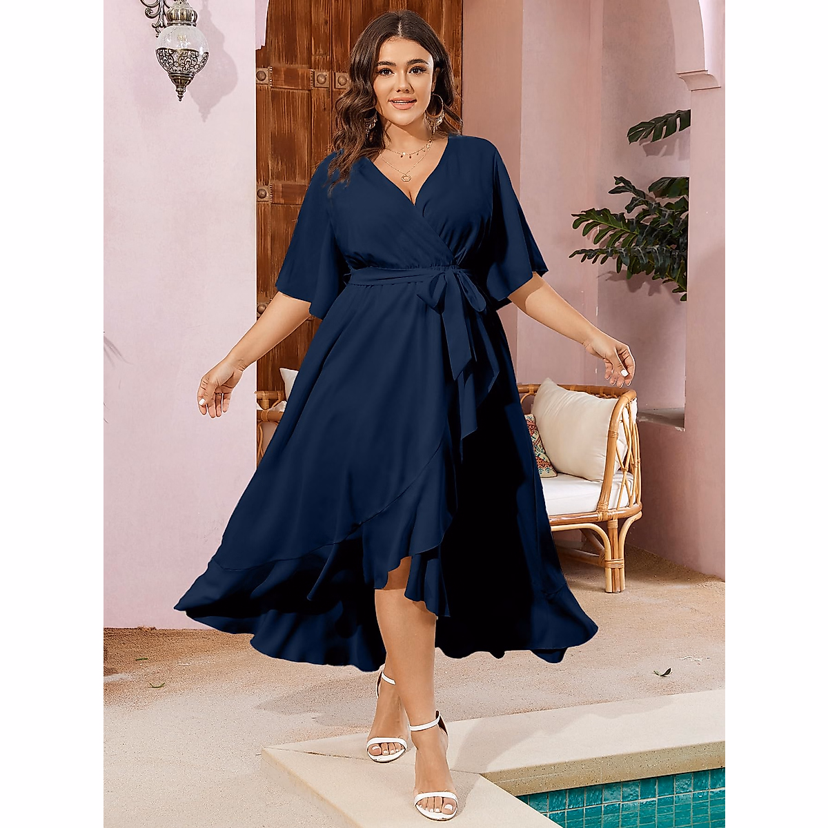 SCOMCHIC Women Plus Size Maxi Dress Short Sleeve Wrap V Neck High Low Split Ruffle Long Dress Navy Blue