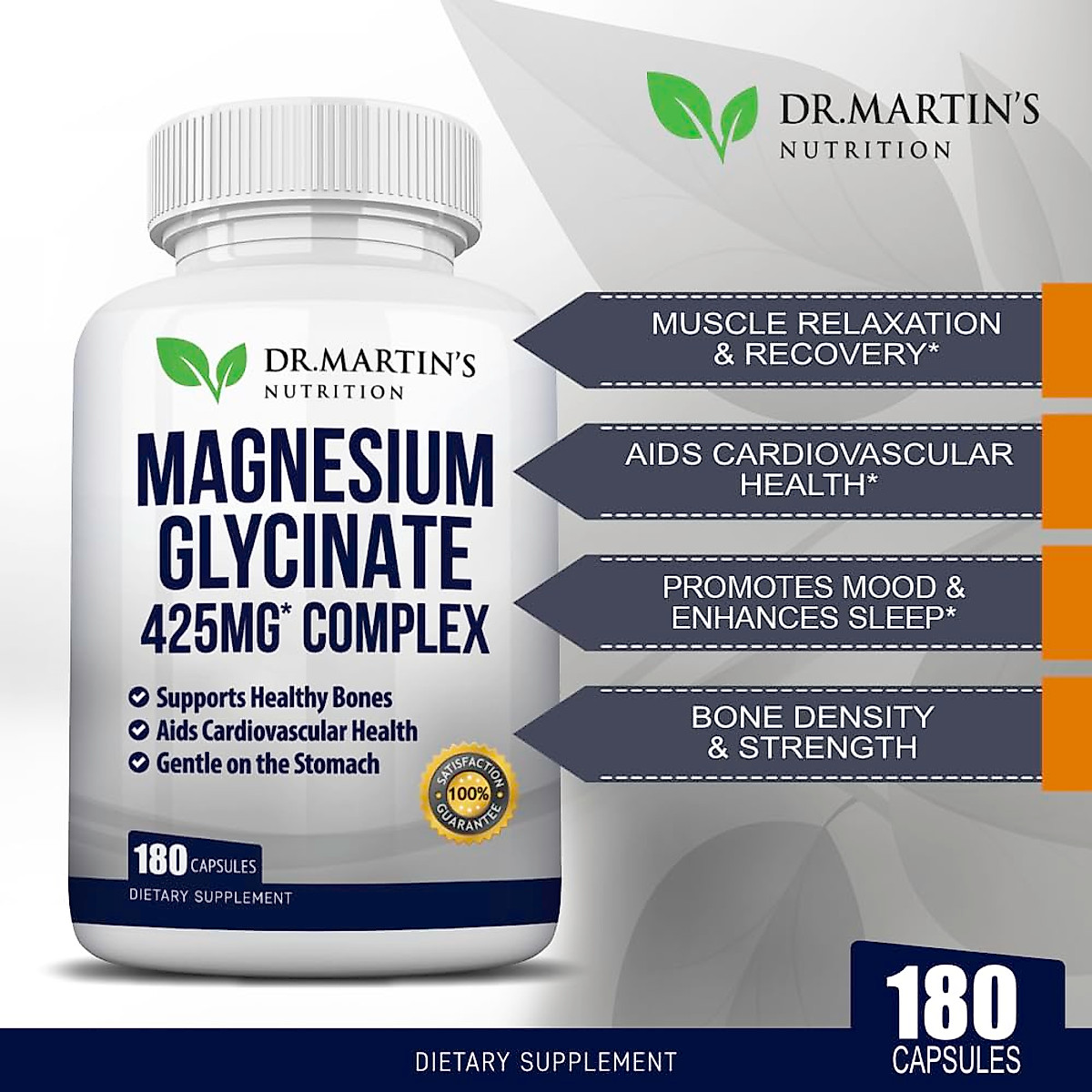 Premium Magnesium Glycinate 425mg - 180 Vegan Capsules - Helps with Stress Relief, Sleep, Muscle Cramps & Healthy Heart |