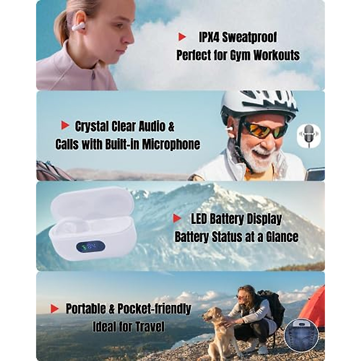 Tayogo Ear Clip Bluetooth Headphones, Open Ear Clip Headphone with Mic/Display, Wireless Ear Clips Ear Buds, Bluetooth V5.3, 80 Hours Playtime with Charging Case for Running, Workout-White