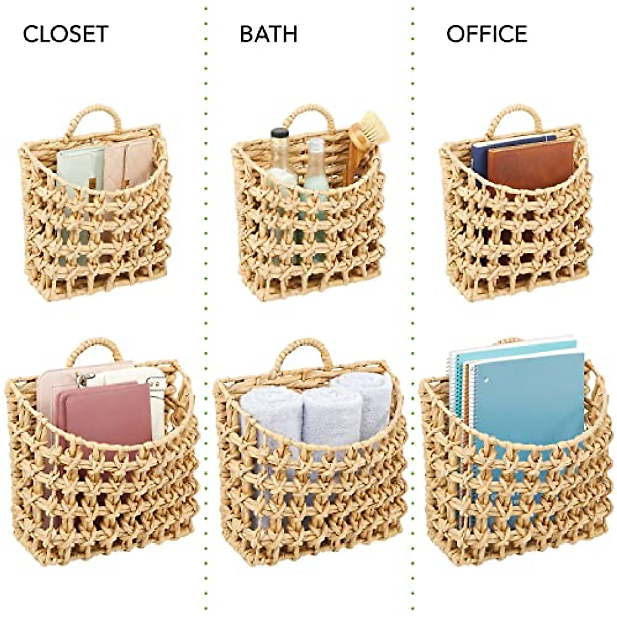 mDesign Woven Hyacinth Hanging Wall Mount Storage Organizer Basket - Rustic Hangable Mounted Market Baskets for Kitchen, Bathroom, Shelf - Holds Floral, Food, and Mail - Set of 2 - Natural/Tan