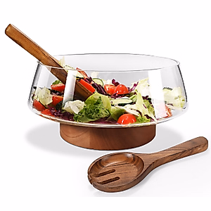 Airsent Glass Salad Bowl Set with Wood Base Servers, Large 160 oz Hand Blown Glass Bowl Kitchen Must Haves, Big Serving Bowl Elegance Trifle Bowl Glass, Wooden Kitchen Utensils for Party