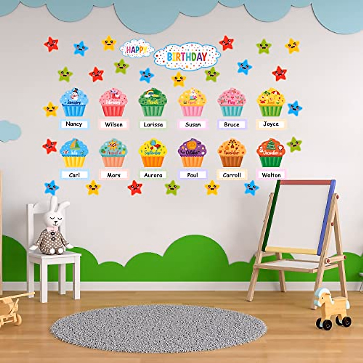 64 Pcs Happy Birthday Bulletin Board Set Bright Cupcake Cut-Outs for Calendars Classroom Decoration