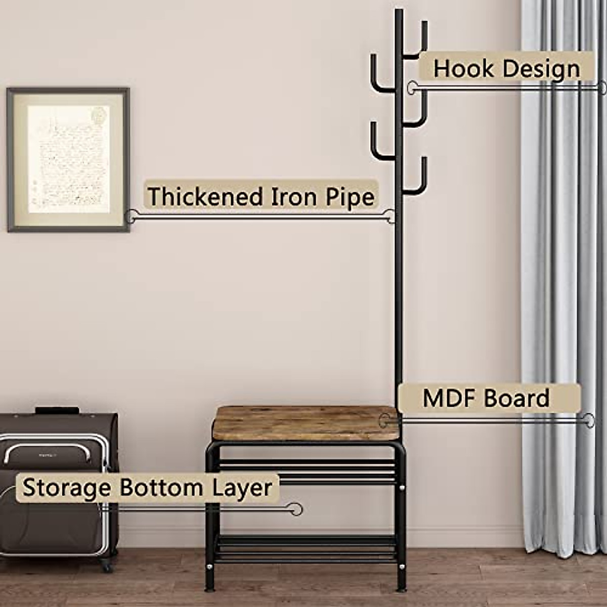 LINZINAR Coat Rack Shoe Bench 3 in 1 Design Hall Tree Storage Bench Industrial Style Coat Tree for Bedroom Living Room Entryway, Black