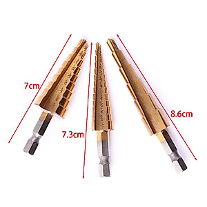 Atoplee 3pcs 1/4 inch Hex Shank Set Titanium Step Drill Bits Uni Step Drill Bit