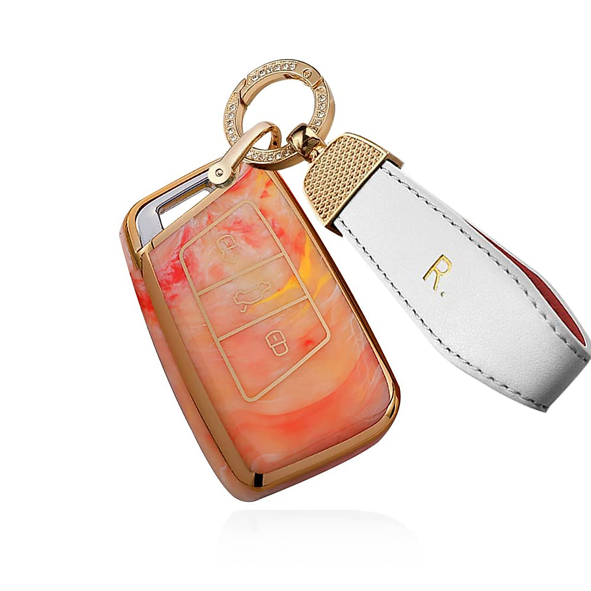 SANRILY Golden-edge Jade Pattern Key Fob Cover for VW Atlas Arteon Jetta Golf Alltrack Passat for Tiguan Skoda Kodiaq Superb A7 Accessories with Leather Keychain Keyless Smart Key Case Shell Orange