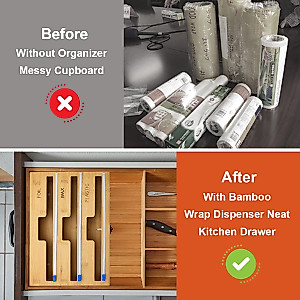 Plastic Wrap Dispenser with Cutter, Aluminum Foil and Plastic Wrap Organizer, Bamboo Wax Paper Holder, Perfect for Kitchen Drawer/Wall Mount, Compatible with 12" Roll (3 Slot)