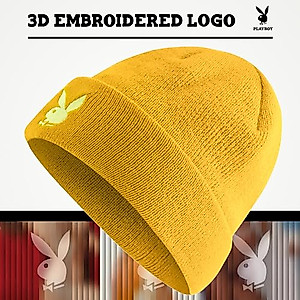 Concept One Playboy Beanie Hat, Cuffed Knit Winter Cap with Logo, Taupe