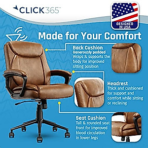 Click365 Transform 1.0 Extra Comfort Ergonomic Mid Back Desk Chair, with Padded armrests, Adjustable-Height, Tilt, Lumbar Support, Bonded Leather, Cognac