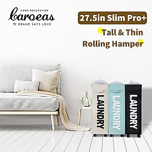 Caroeas Laundry Basket Slim Plus 27.5”,Black Laundry Basket with Wheels, Laundry Hamper with Removable Wash Bag Waterproof Clothes hamper Fabric baskets for laundry