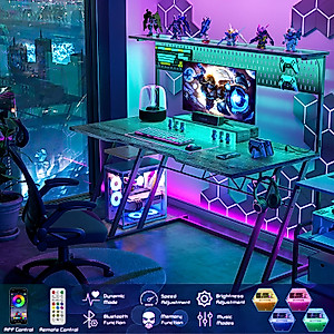 armocity 55'' Gaming Desk with Hutch and LED Lights, Gaming Computer Desk with Storage Shelves & Z-Shaped Legs, Reversible PC Gaming Desk with Pegboard, Ergonomic Desk for Bedroom, Grey Oak