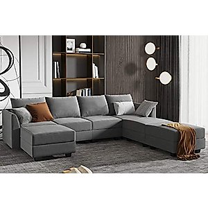 HONBAY Modular Sectional Sofa U Shaped Sectional Couch with Ottomans Reversible Modular Sofa 7 Seater Couch with Storage Seat, Grey
