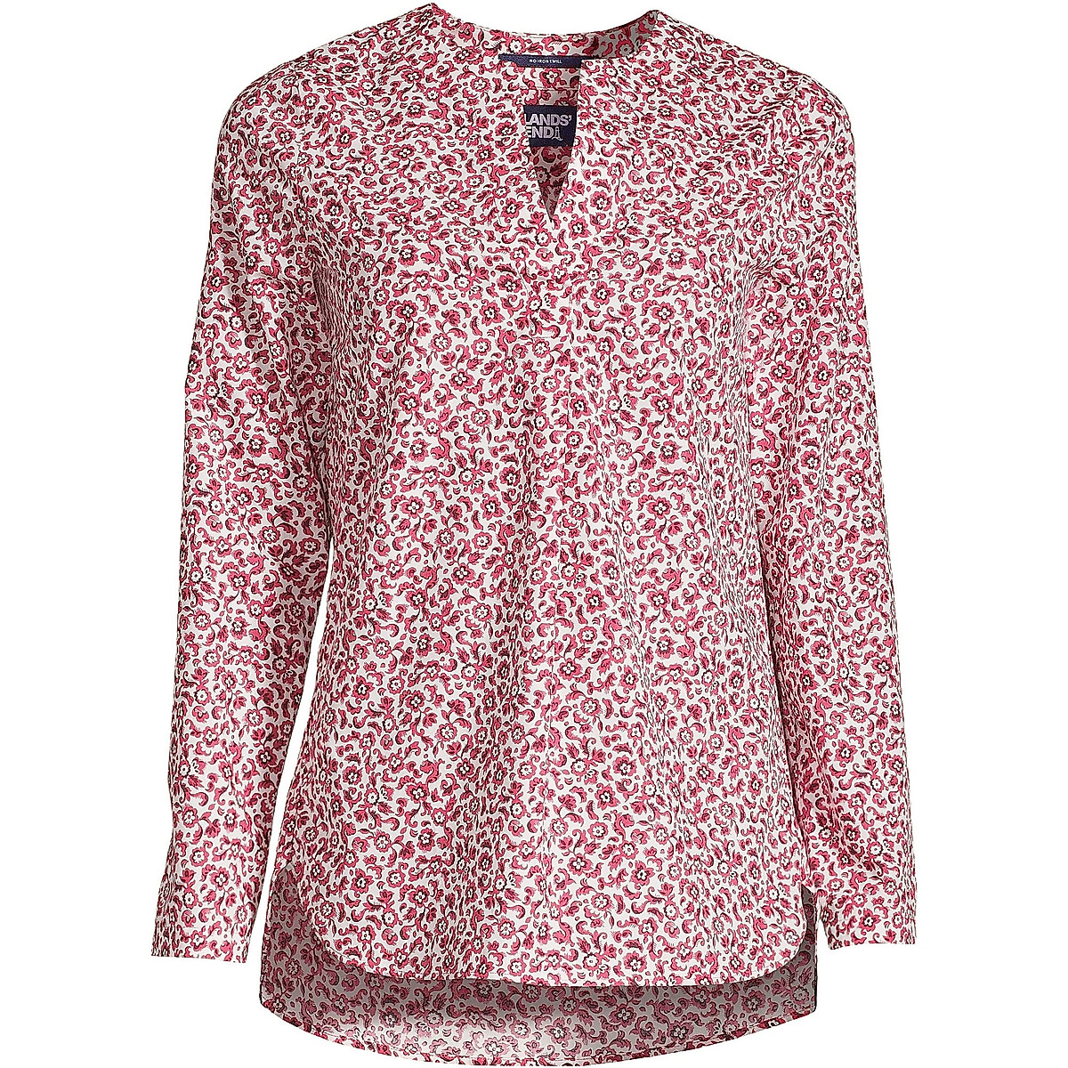 Lands' End Womens Wrinkle Free NI Split Nk Soft Tunic Top Dogwood Blossom Antique Floral Regular Large