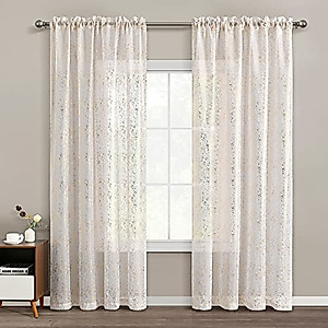 TERLYTEX Gold White Sheer Curtains 2 Panels, Metallic Gold Sheer Curtains 72 Inch Length, Rod Pocket Privacy Sparkle Glitter Gold Sheer Curtains for Living Room, 52 x 72 Inch, 2 Panels, Gold White