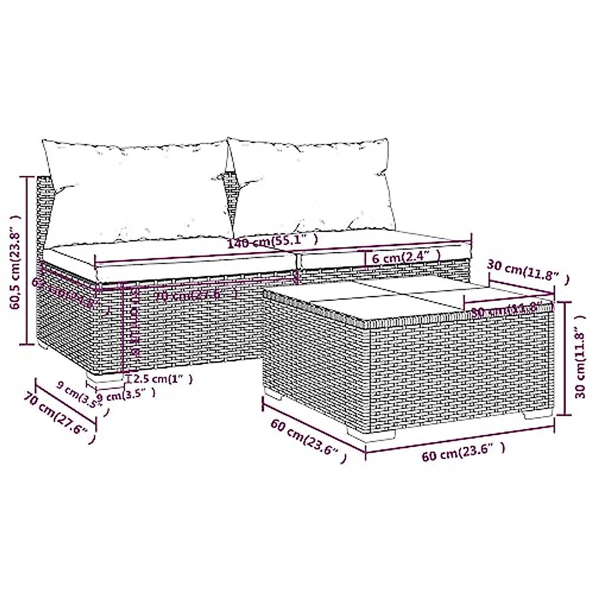 WHOPBXGAD Patio Furniture Set 3 Piece Lawn Furniture,Patio Furniture Sets,Patio furnitureSui for patios, Gardens, lawns, Balconies, Poolside,with s Poly Rattan Black