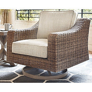 Signature Design by Ashley Beachcroft Outdoor Swivel Wicker Patio Lounge Chair, Beige