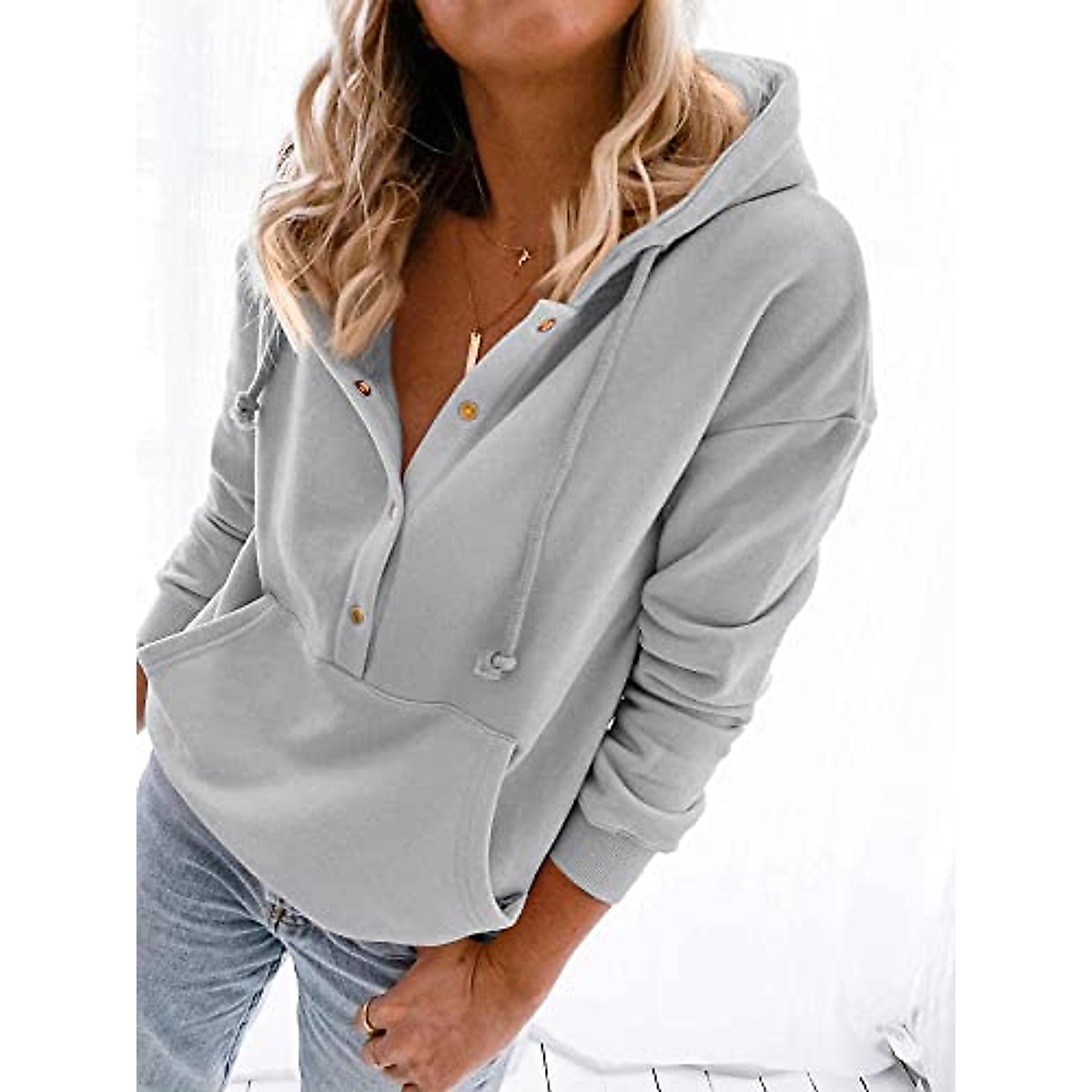 Shaeueak Women Hoodies Lightweight V Neck Sweatshirts Long Sleeve Shirts Loose Fit Sweaters Size Medium Grey