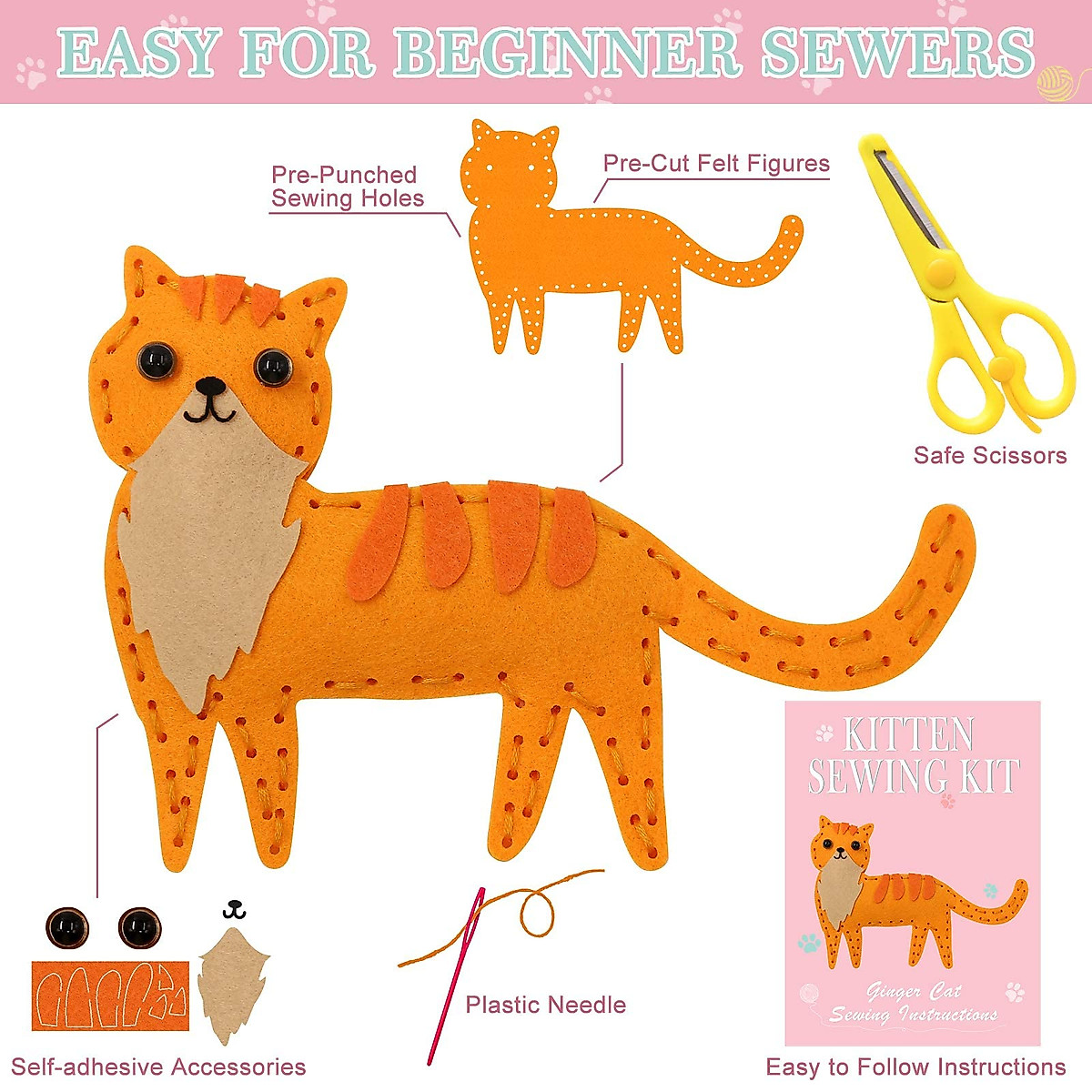 CiyvoLyeen Kitten Craft Kit Kids DIY Crafting and Sewing Set Kitty Cat Stuffed Animal Felt Plushies for Girls and Boys Educational Beginners Sewing Gift Ideas