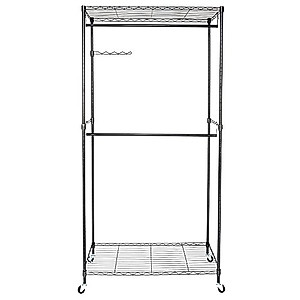 Knocbel Garment Rolling Rack Large Heavy Duty Closet Organizer with Adjustable Hanging Rod Shelf & Lockable Wheels, Black (2-Rods (35.4 x 17.7 x H70.9) inch)