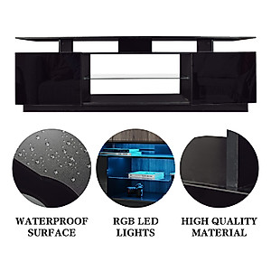 DMAITH Black LED TV Stand for 65 70 75 Inch TV, Modern High Gloss Gaming Entertainment Center with Large Storage Cabinet, TV Media Center with Display Glass Shelves for Living Room, Bedroom