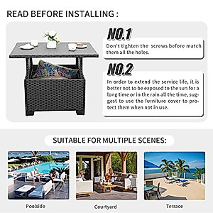 Outdoor PE Wicker Liftable Coffee Table - Patio Rattan Garden Furniture Multi-Functional Storage Tea Table, Black