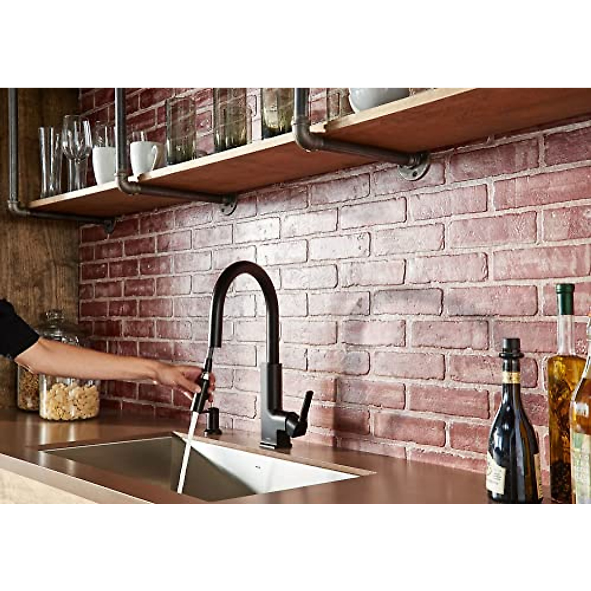 Moen Matte Black Deck Mounted Modern Soap Dispenser for Kitchen Sink with Above the Sink Refillable Bottle, 3942BL