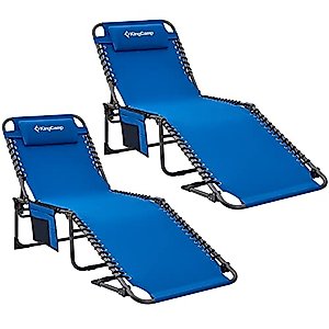 KingCamp Set of 2 Folding Lounge Chair - Adjustable 5 Positions Chaise Lounge Chair for Beach, Sunbathing, Patio, Pool, Lawn, Deck - Lay Flat Lounge Chair for Outdoor/Indoor with Pillow, Blue