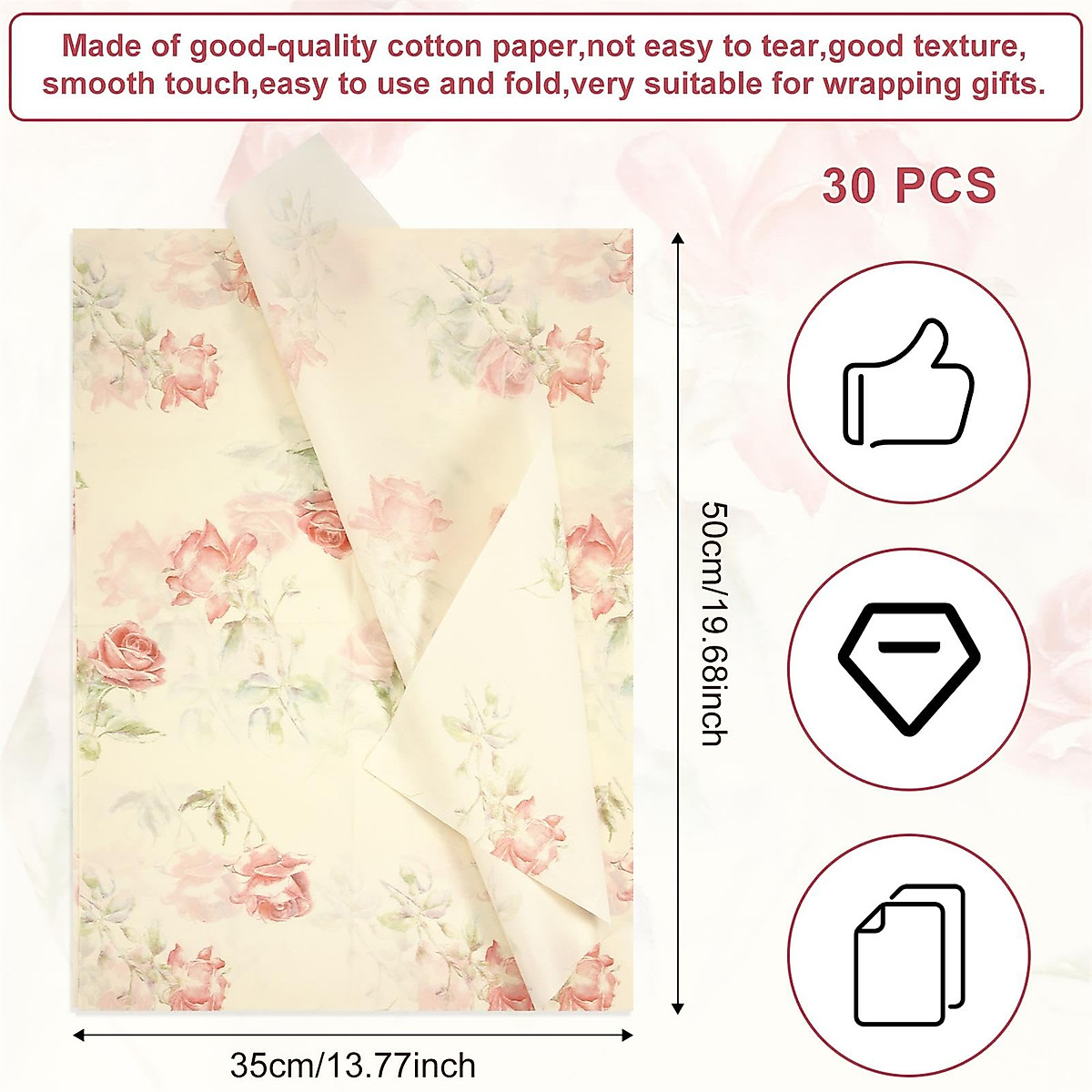 30pcs Rose Tissue Paper, 14x20 Inch Packaging Tissue Paper Gift Wrap Paper Retro Rose Tissue Paper Sheets for Gift Bag Packaging Wedding Birthday Party