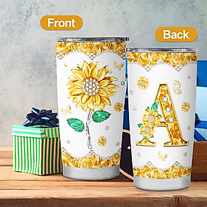 Initial A Tumbler Mug Gifts,Monogrammed Sunflower Gifts for Women,Personalized Gifts,Personalized Tumbler Cup for Wedding Birthday Graduation Party,Unique Initial Gifts for Women Her Mom Teacher 20oz