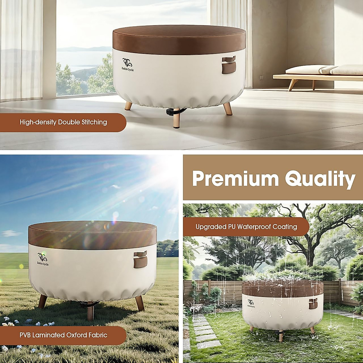 Zadst Cycle 62" Dia Table Cover Waterproof, Patio Furniture Round Table Covers, 600D Heavy Duty Round Table Cover for Anti-UV, Rip Resistant, Water Resistant, Small, Brown