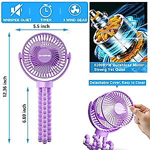 Portable Fan, Stroller Fan 60Hrs 12000mAh Battery Operated Fans USB Rechargeable Small Fan for Bedroom, Desk, Personal Handheld, Clip on Fan for Baby Stroller, Travel, Car Seat, Peloton, Bed, Camping