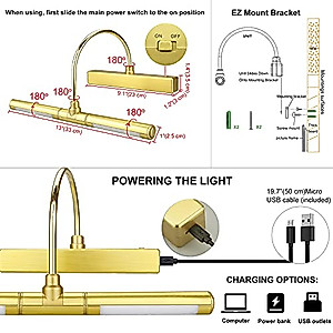 HONGUT Wireless Painting Lights with Remote, Rechargeable Picture Light，28 LEDs Rotatable Light Head with 12 Color Changing, Dimmable Display Light with Timer for Frame, Portrait, Art, Dartboard-Gold