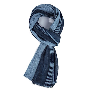 GERINLY Cotton-Linen Scarves Mens Stripe Crinkle Long Scarf European Neck Wrap Bufanda de Hombres Fashion (Blue)