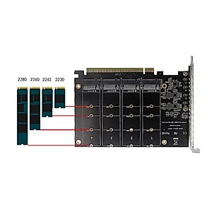 4 Port NVMe to PCI-e Host Controller Expansion Card, Support 2230 2242 2260 2280?M.2 NVME to PCIe X16 Adapter, M Key Hard Drive Converter Reader Expansion Card