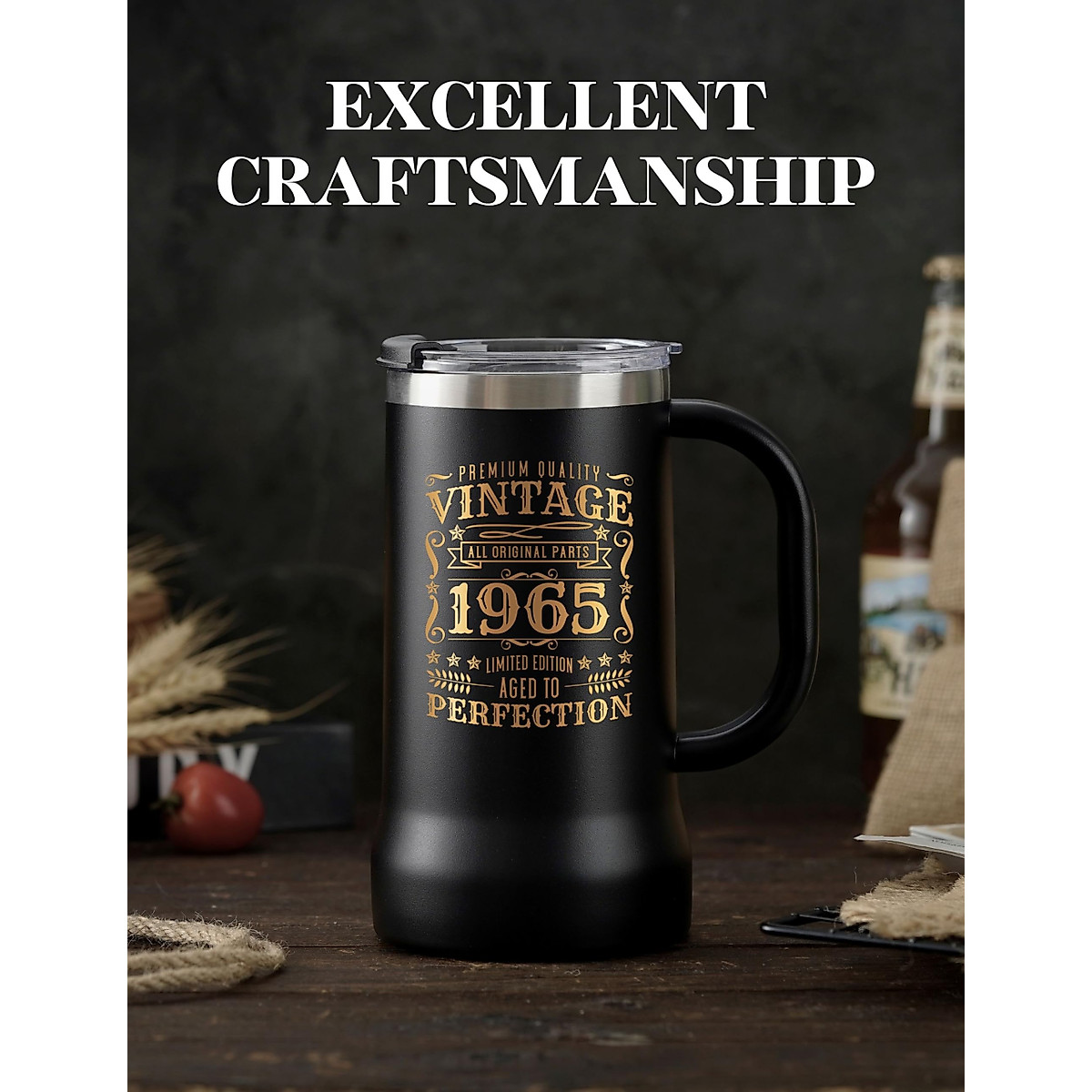 Onebttl 60th Birthday Gifts for Men, Dads, Grandfathers, Granddads, Husband, Uncles, Vintage 1965 Birthday Beer Stein, 24oz Stainless Steel Travel Mug, Black