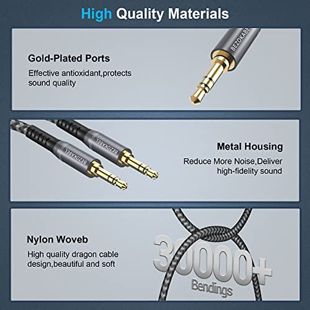 3.5mm Audio Cable, Audio Cable Male to Male 4ft, BEZOKABLE Nylon Braided Aux Cable Auxiliary Cable Hi-fi Sound for Car, Headphones, Home Stereos, Speakers, Tablets, iPhone iPad
