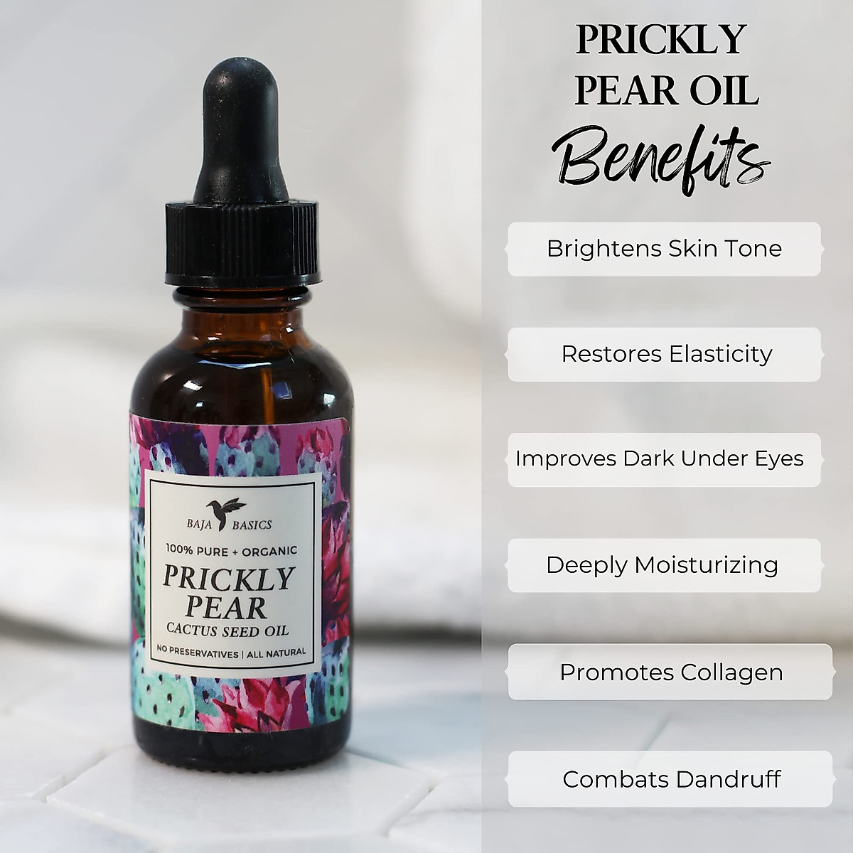 Baja Basics Prickly Pear Oil Cold Pressed, 100% Pure, Unrefined Moisturizer for Skin, Face, Body, Nails and Hair - Multi-Purpose Beauty Product For Men and Women - 1 oz Bottle